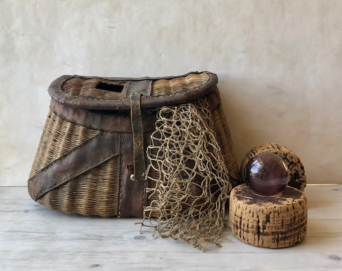 Early Wicker Fishing Creel Basket With Leather Trim, Vintage Rustic ...