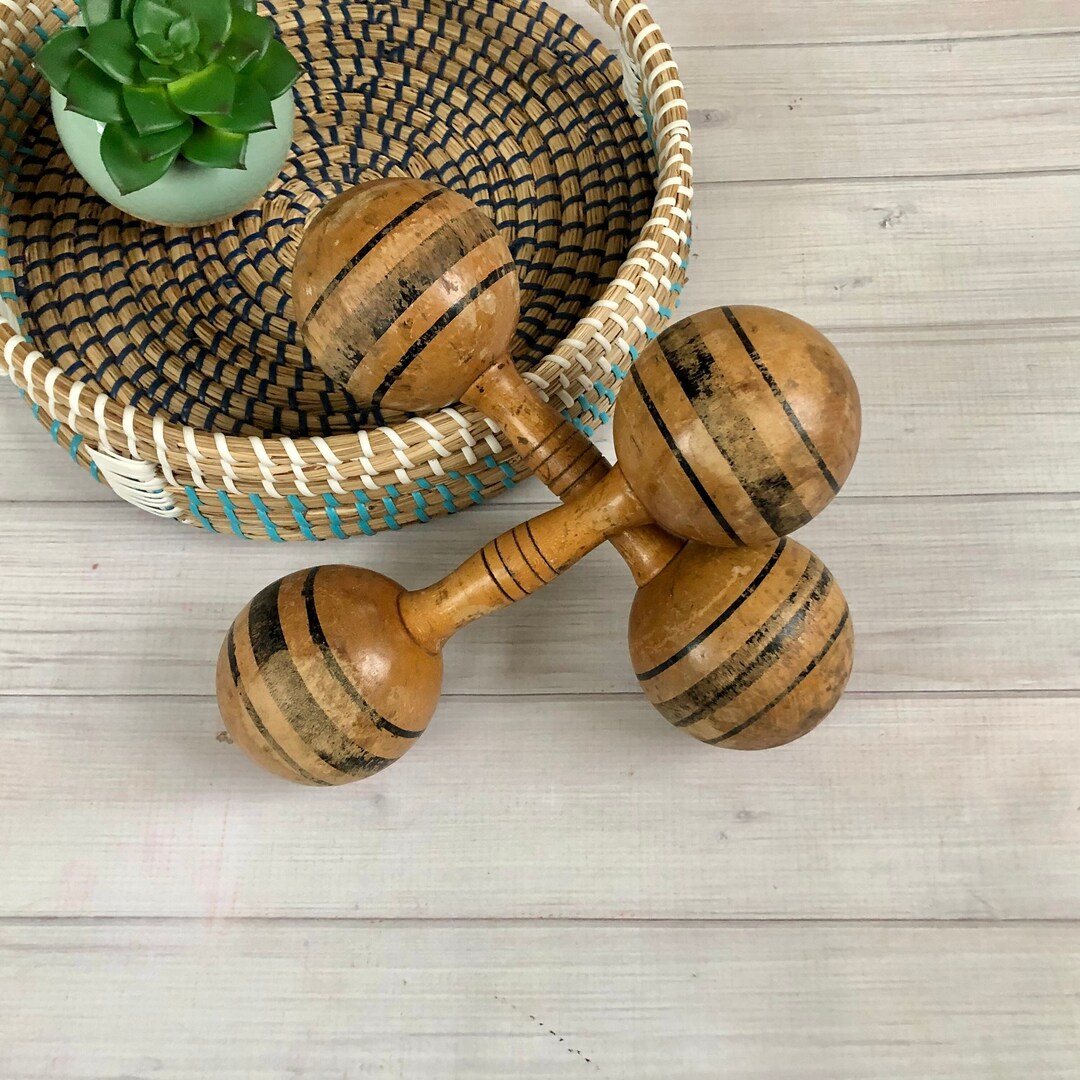 Pair Vintage Wooded Barbells With Black Stripes and Great Patina, Old ...