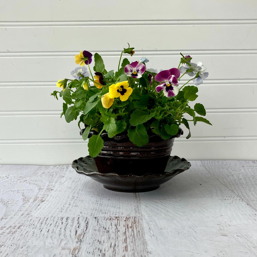 Contemporary Redware Serving Bowl or Flower Pot & Underplate, Signed ...