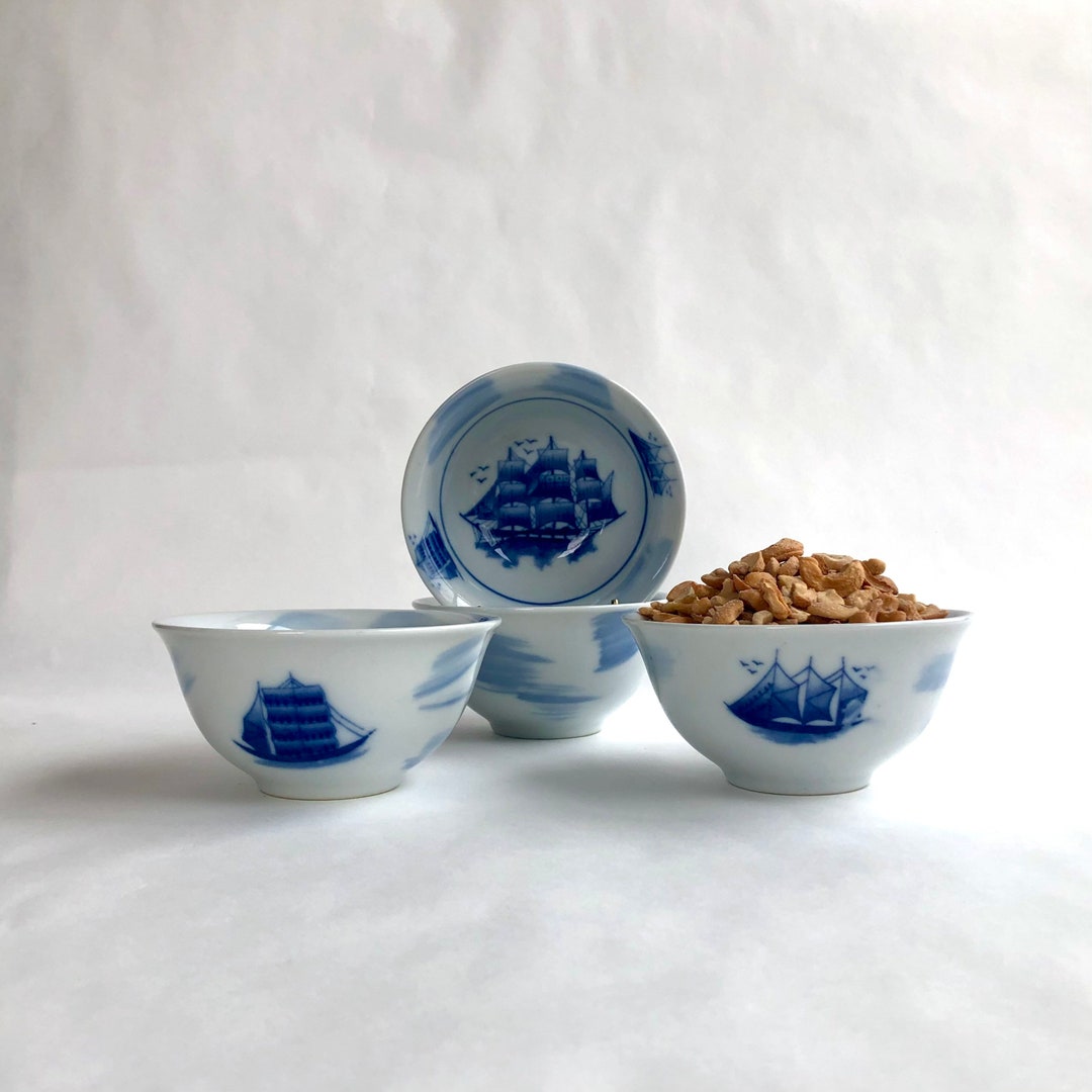 Set 4 Vintage Blue & White Small Bowls With Ships, Classic Nantucket ...