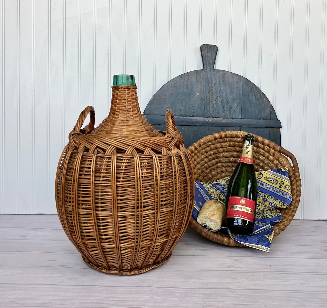 Large Vintage Rattan Wrapped Demijohn Basket Bottle, Modern Viresa Wine ...