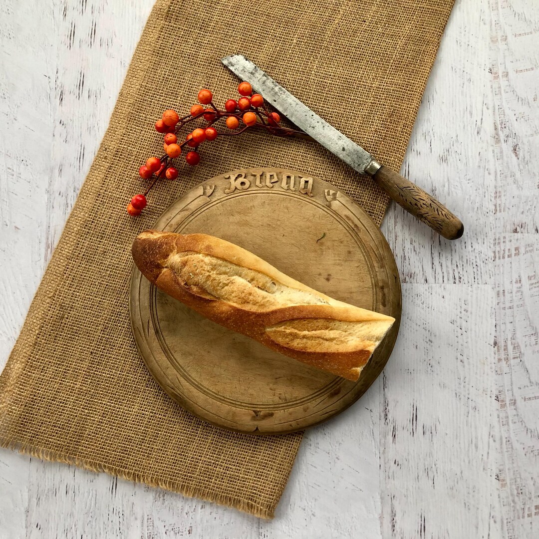 Vintage Round Carved Script Bread Board With Worn Surface, English ...