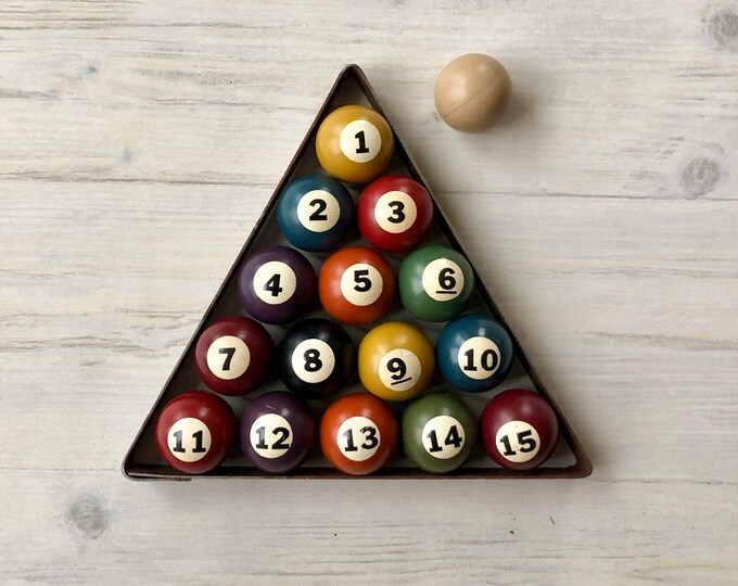 Great Set of Vintage Miniature Pool Balls in Box With Cue Ball & Metal ...