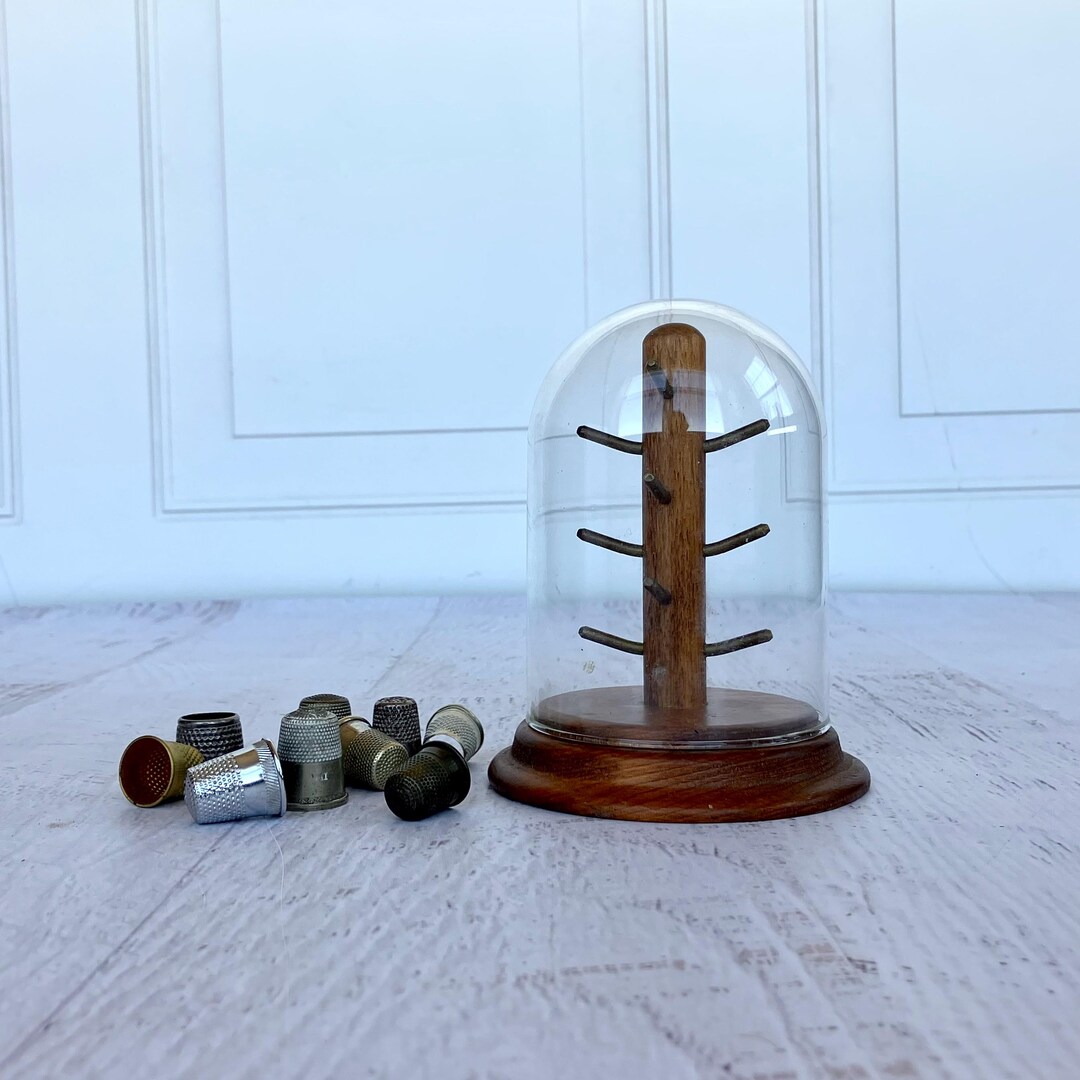 Thimble Rack Tree Display Under Glass Cloche Dome on Wood Base With 12 ...