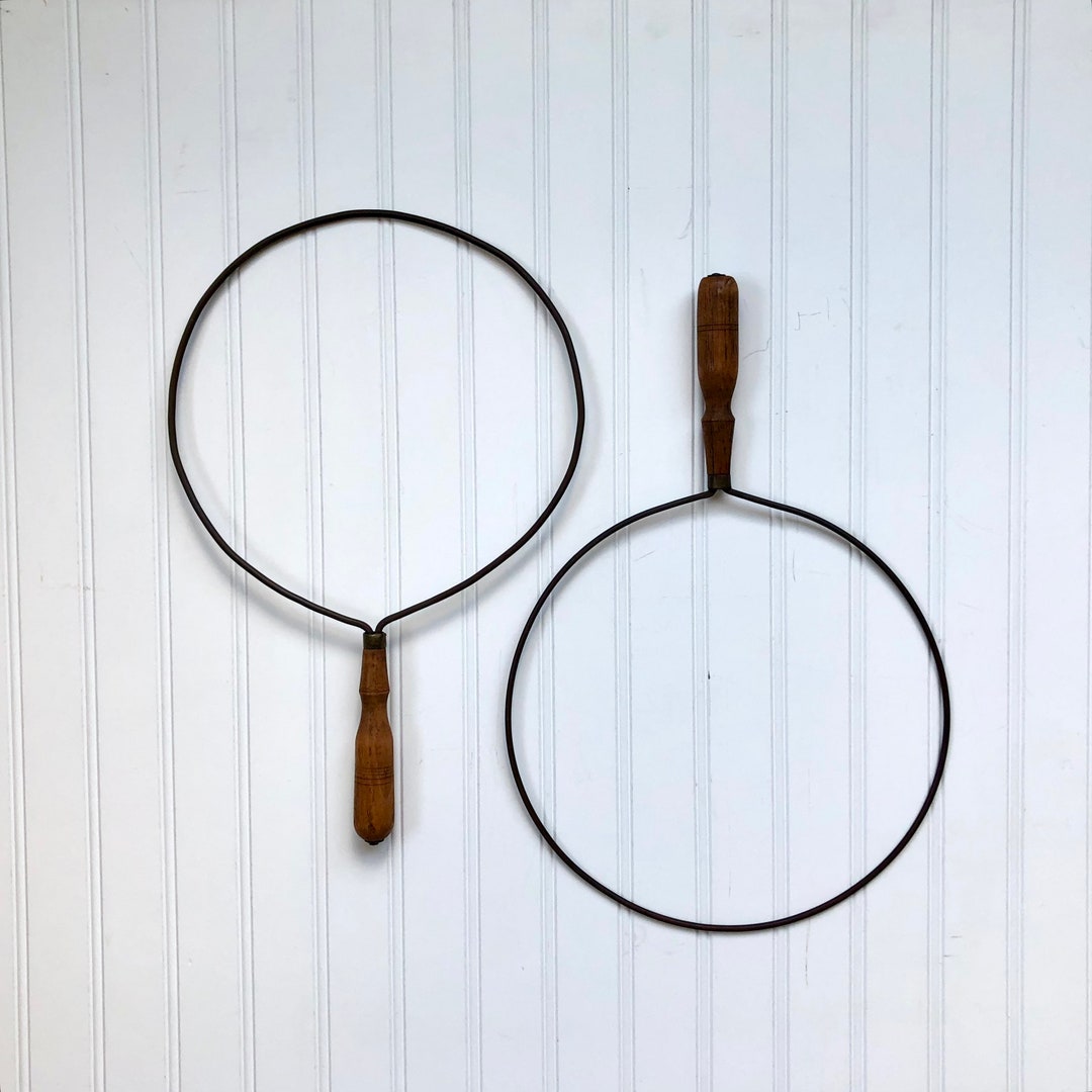 Pair of Found Object Large Metal Hoops With Wooden Handles, Vintage ...