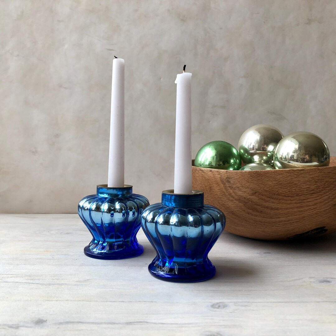 Pair of Blue Vintage Mercury Glass Candlesticks, 2 Low Art Glass Candle ...