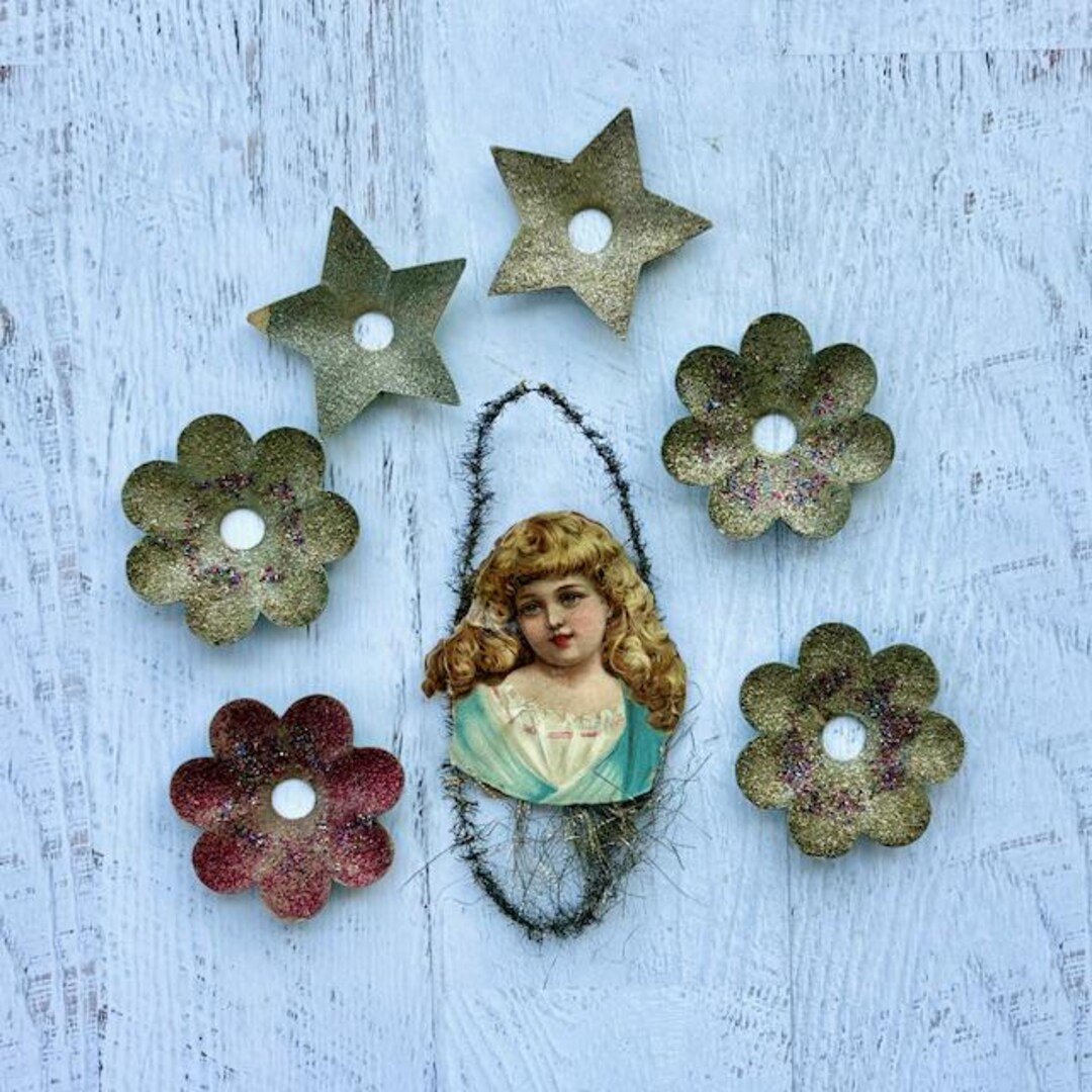 7 Vintage Christmas Decorations - 1 Victorian Ornament, 6 Candle ...