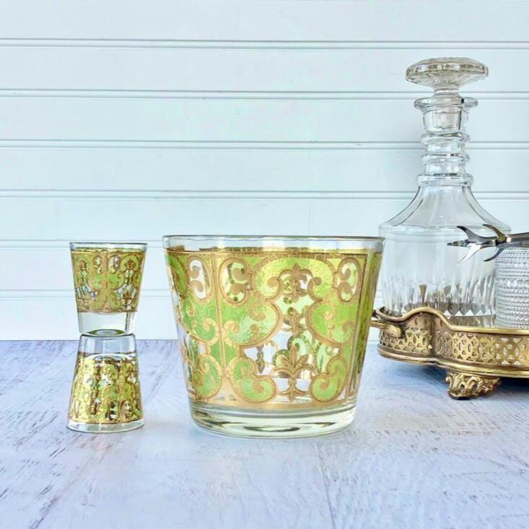 Culver Starlyte Glass Ice Bucket & 2 Shot Glasses, Mid Century Green ...