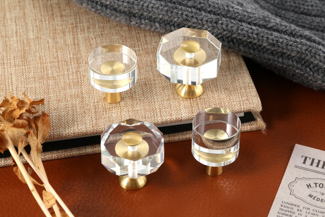 Clear Crystal Drawer Pulls Knobs Transparent Brass Base Wardrobe Pull ...