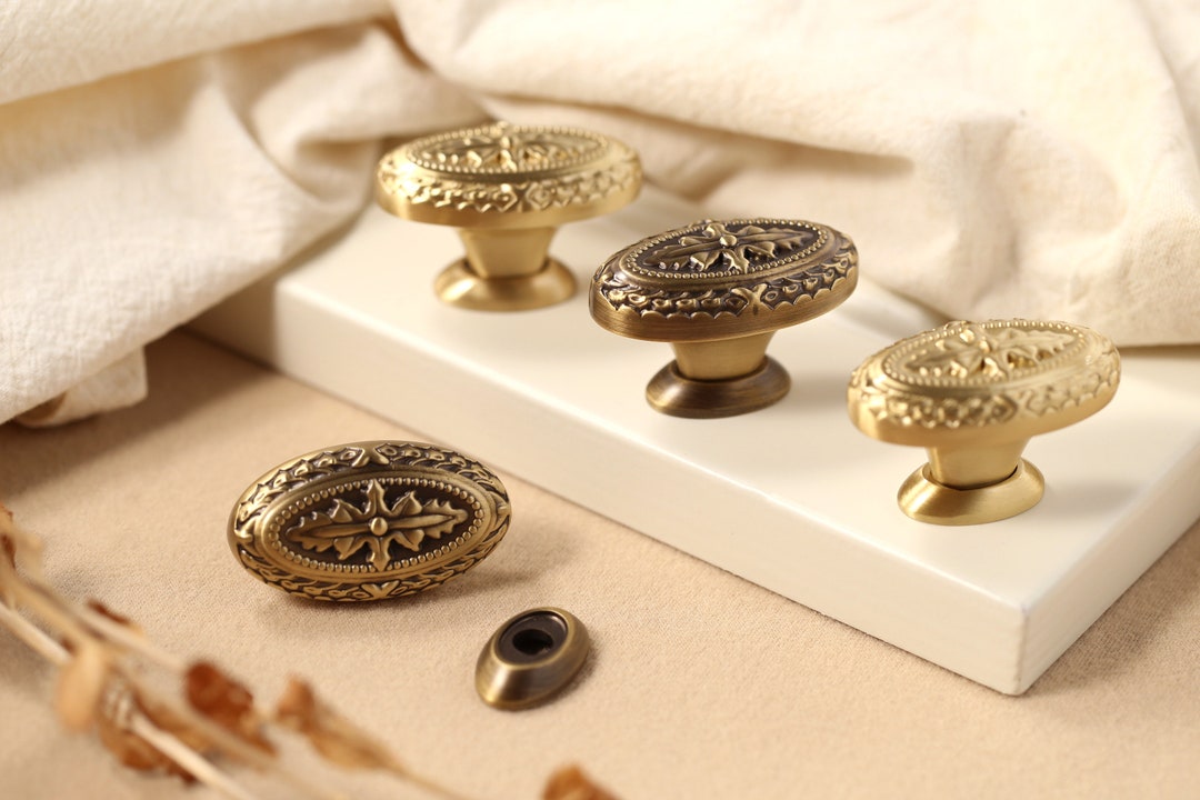 Vintage Oval Engraving Knobs, Retro Cabinet Knob, Brass Dresser Knob ...