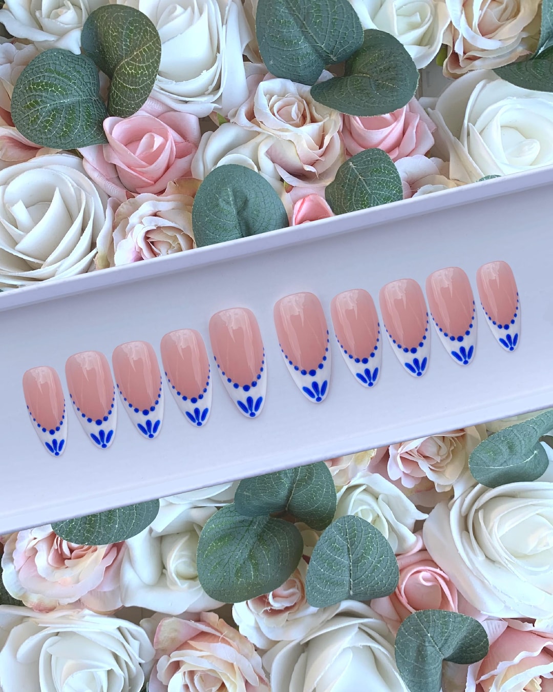 Press on Nails Greek French Tip Nails L Holiday Nails | Greece | Stick ...