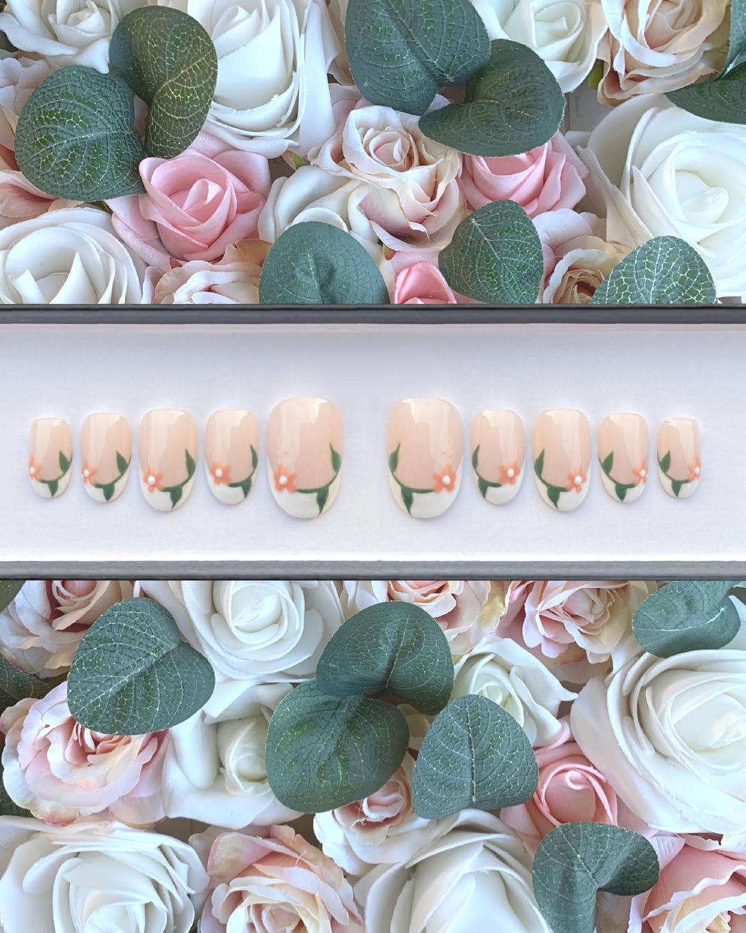 Press on Nails White French Tips With Flower French Line | Stick on ...