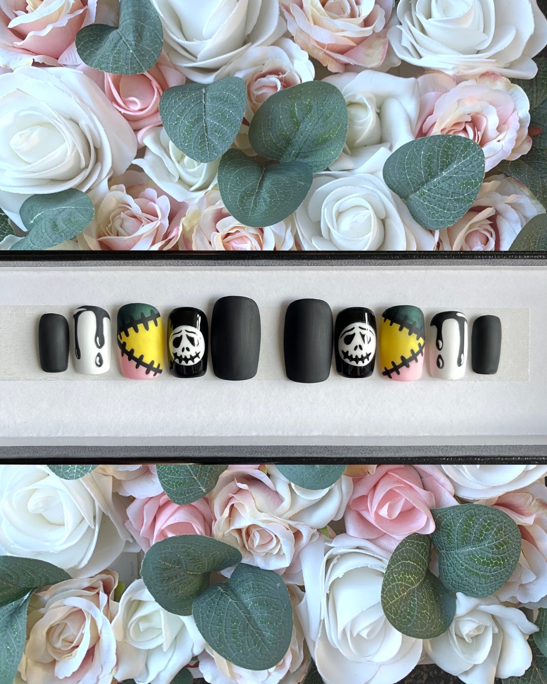 Press on Nails Skeleton Patchwork Design Custom Made Glue on Fake Nails ...
