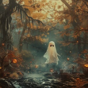 Halloween Frame TV Art, Cute Ghost Haunting Woods, Spooky Fall Vintage ...