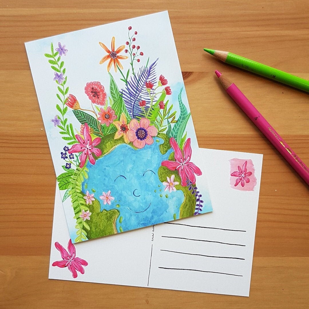 Postcard, Cheerful Map, Colorful, Earth, Mother Earth, Flowers, Nature ...