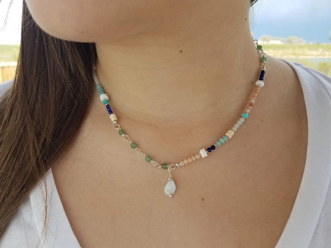 Multi Colored Gemstone and Shell Necklace With Sterling Silver - Etsy