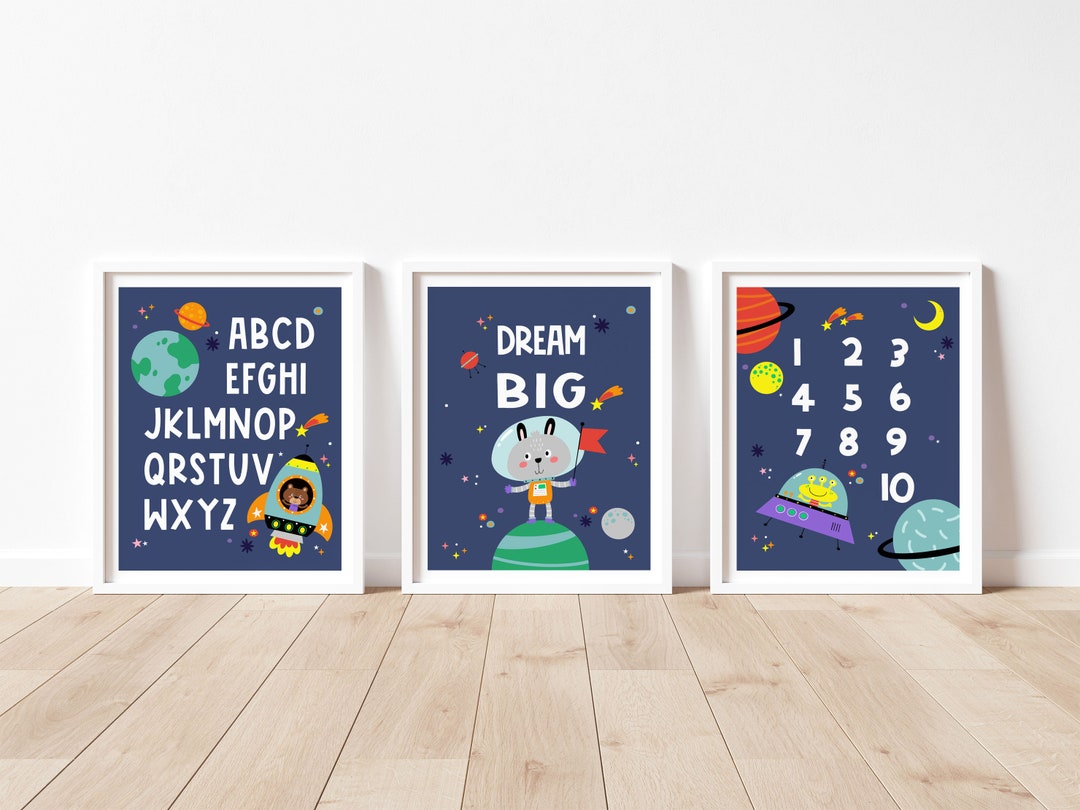 Set of 3 Outer Space Kids Room Decor Spaceship Print Wall Art, ABC ...