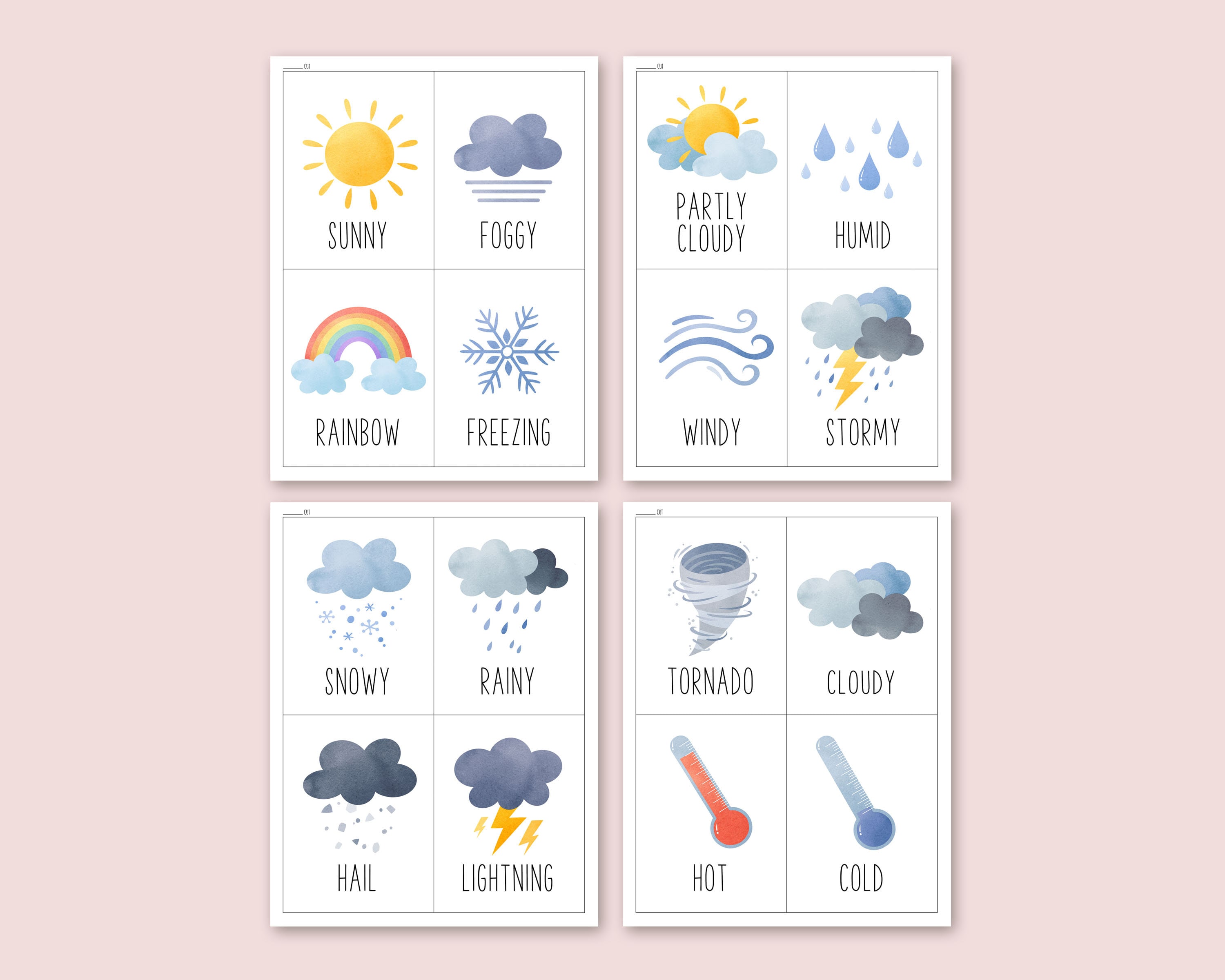 16 Weather Cards, Weather Flashcards, INSTANT DOWNLOAD, Printable Kids ...