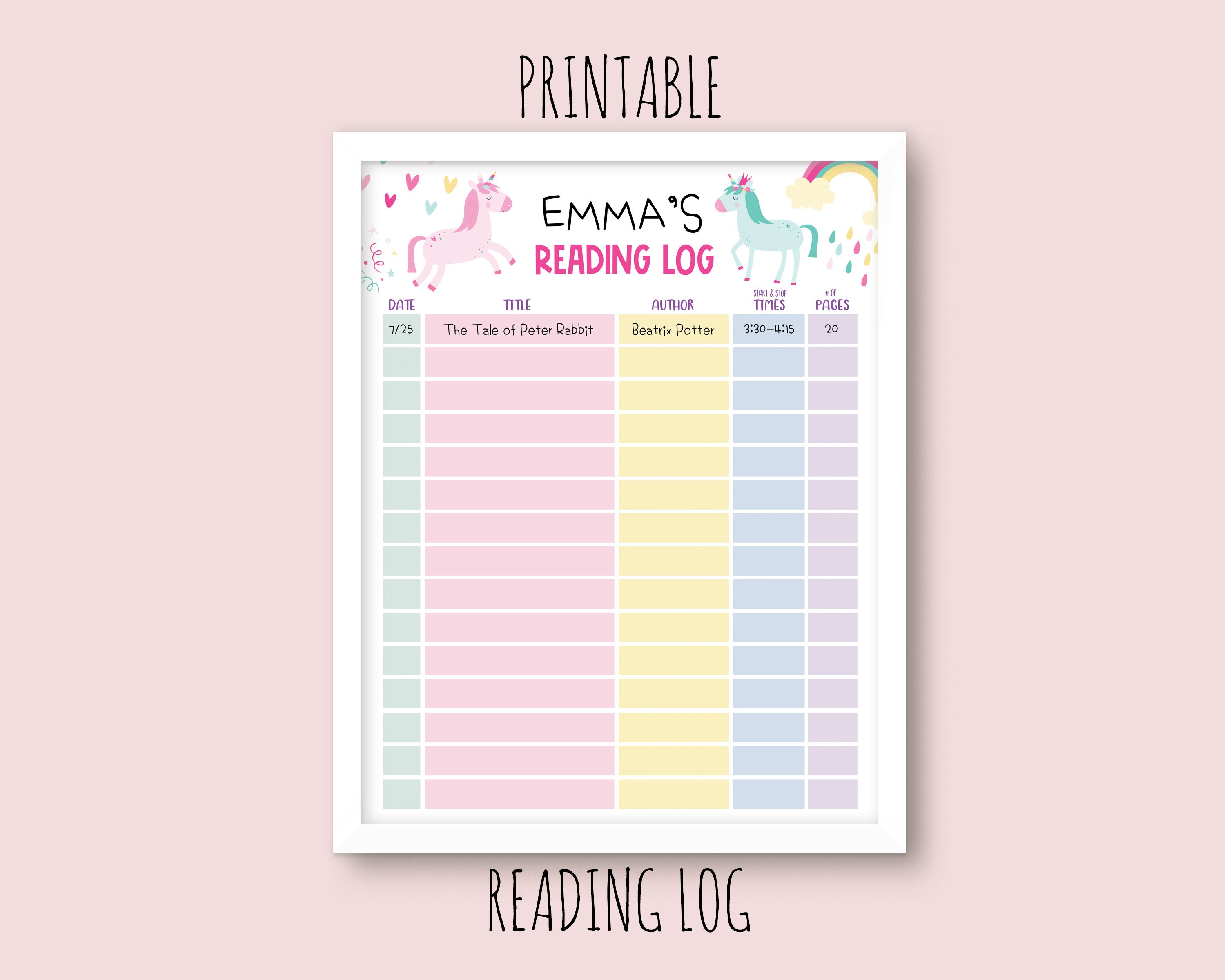 Printable Reading Log Home School Reading Log Unicorn Reading Log Kids ...