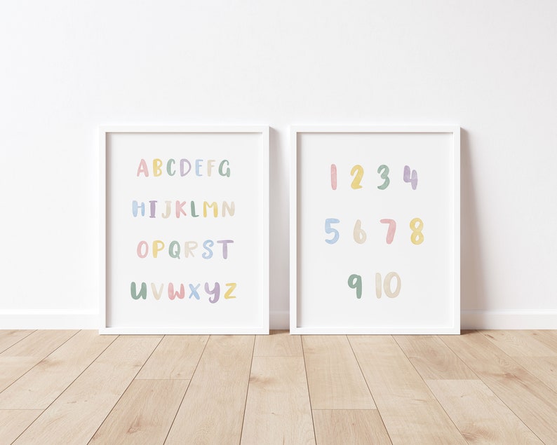 Set of 2 Pastel Alphabet Numbers Wall Art, Watercolor Kids Poster ...