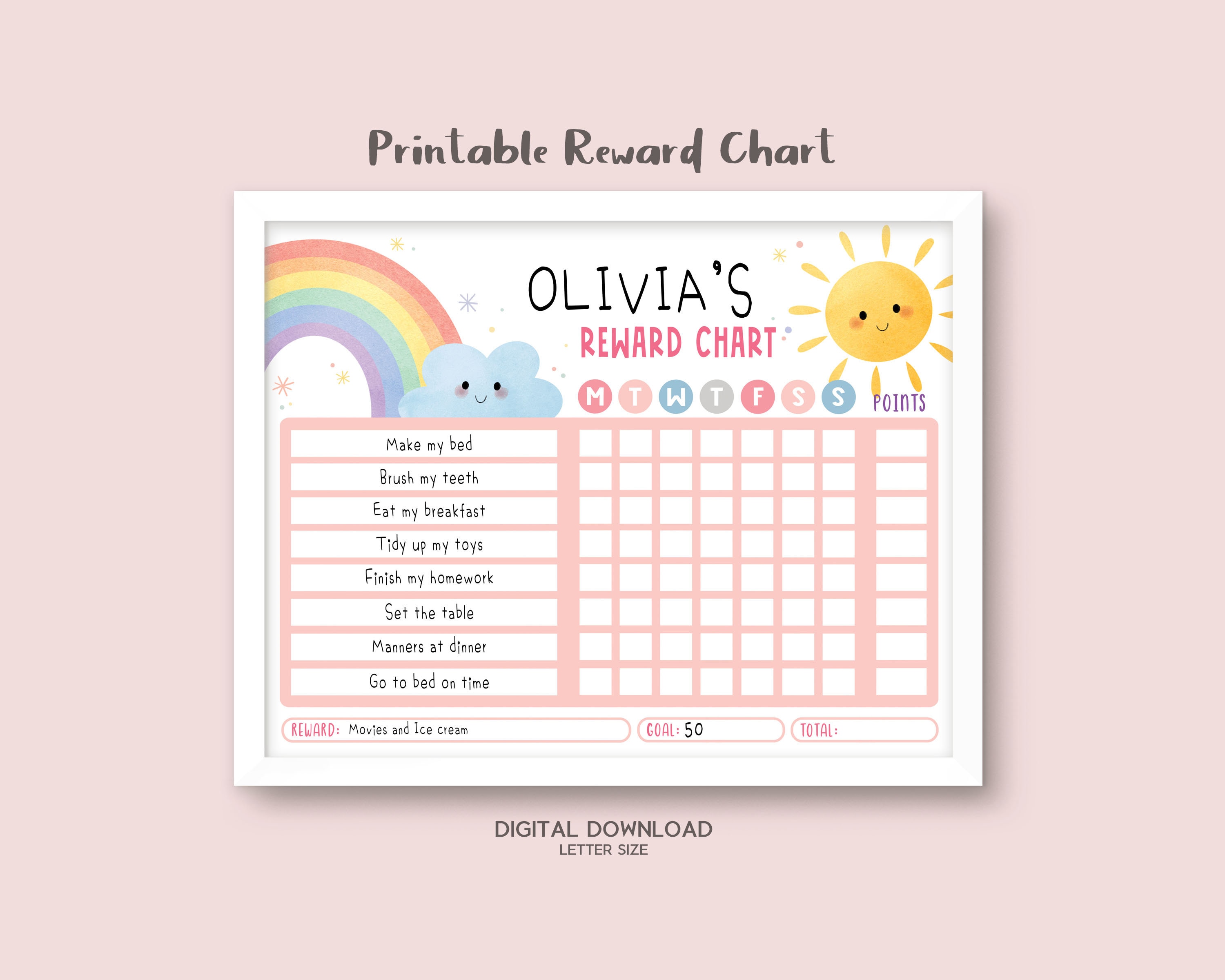 Sunshine & Rainbow Printable Reward Chart for Kids Chore Chart for ...