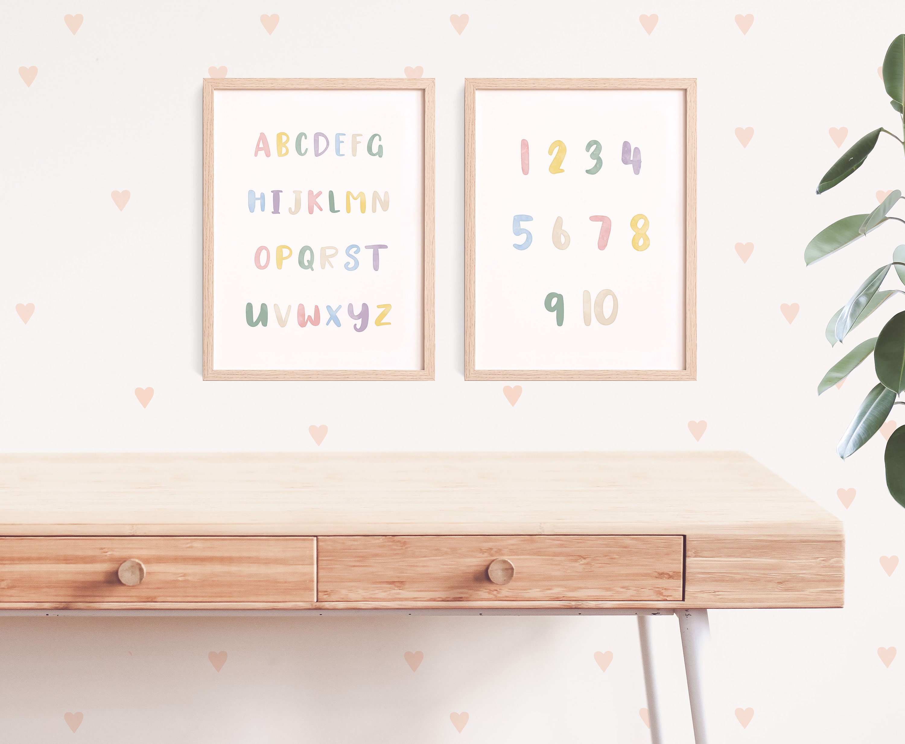 Set of 2 Pastel Alphabet Numbers Wall Art, Watercolor Kids Poster ...
