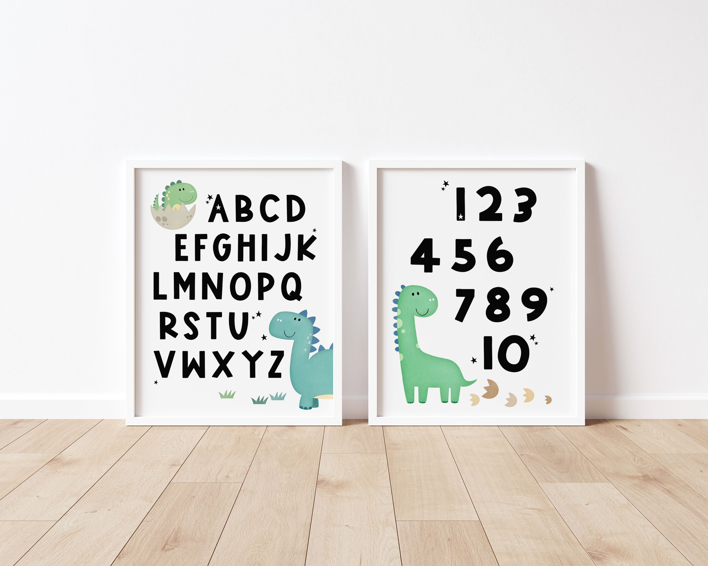 Set of 2 Dinosaur Alphabet Numbers Educational Wall Art, Instant ...