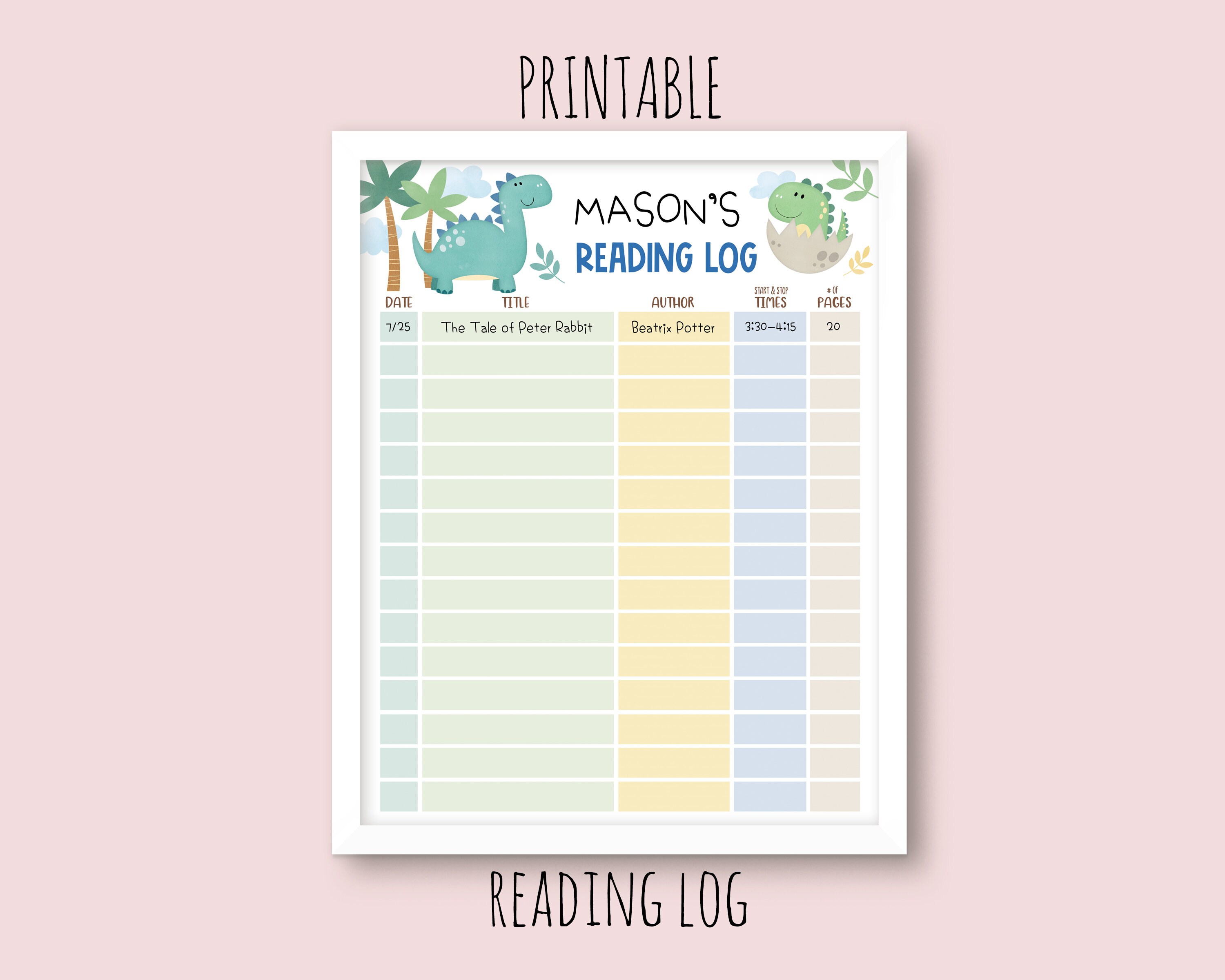 Printable Reading Log Home School Reading Log Dinosaur Reading Log Kids ...