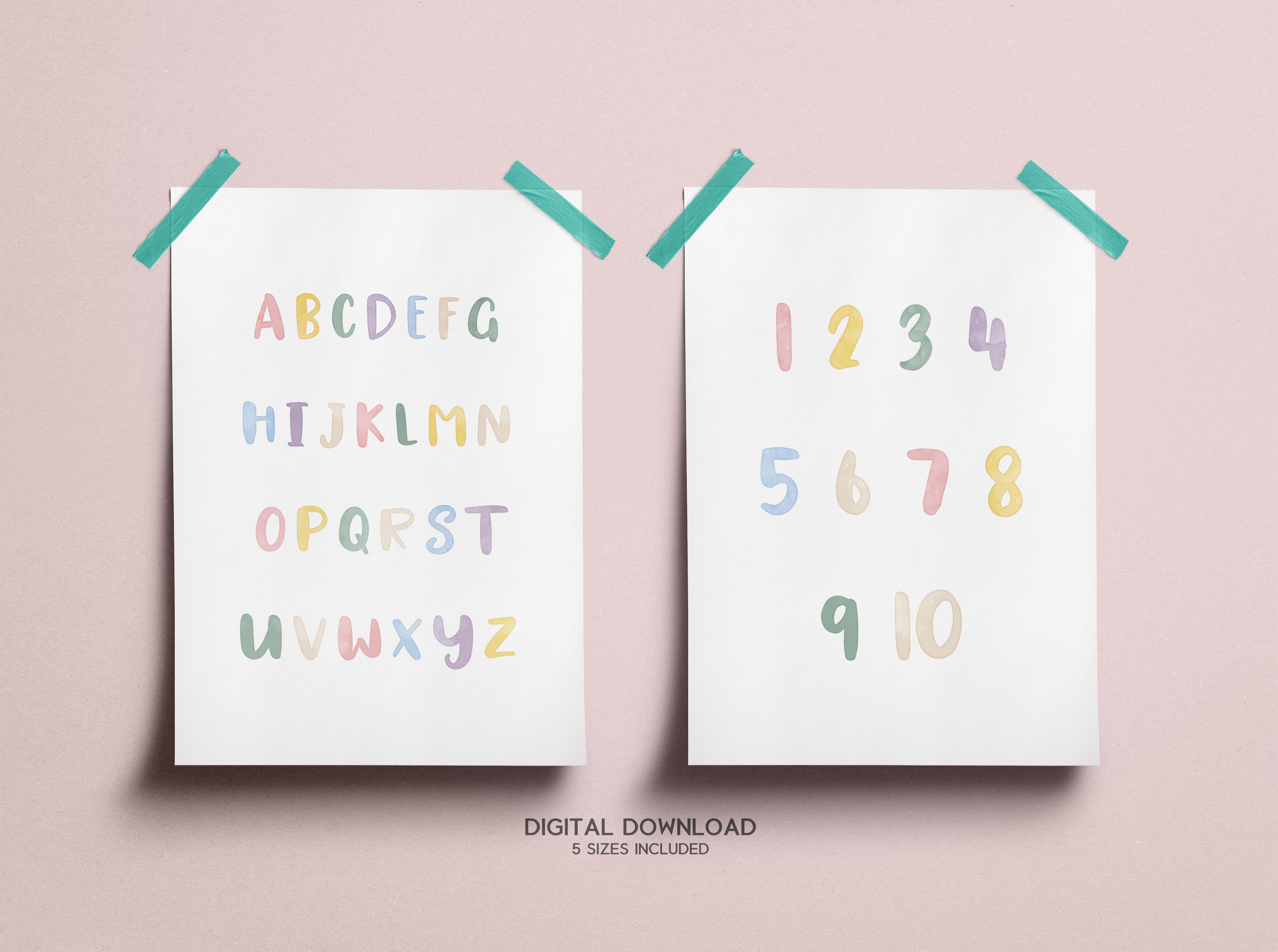 Set of 2 Pastel Alphabet Numbers Wall Art, Watercolor Kids Poster ...