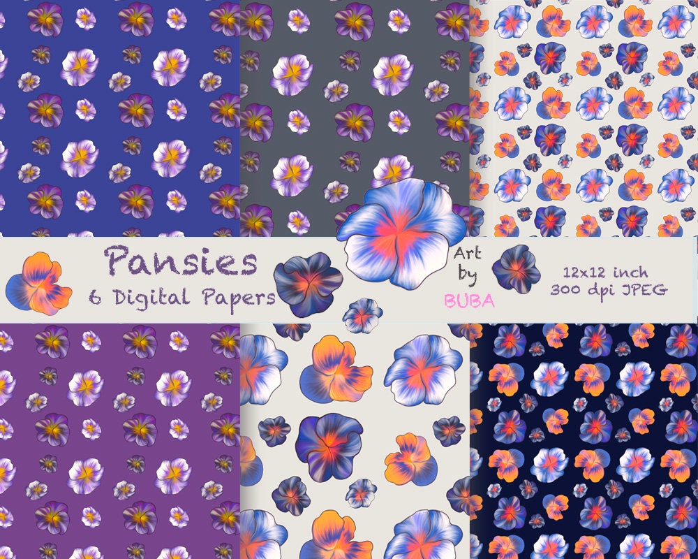 Pansies Digital Paper Pack, Pansy Patterns, Floral Seamless Pattern ...