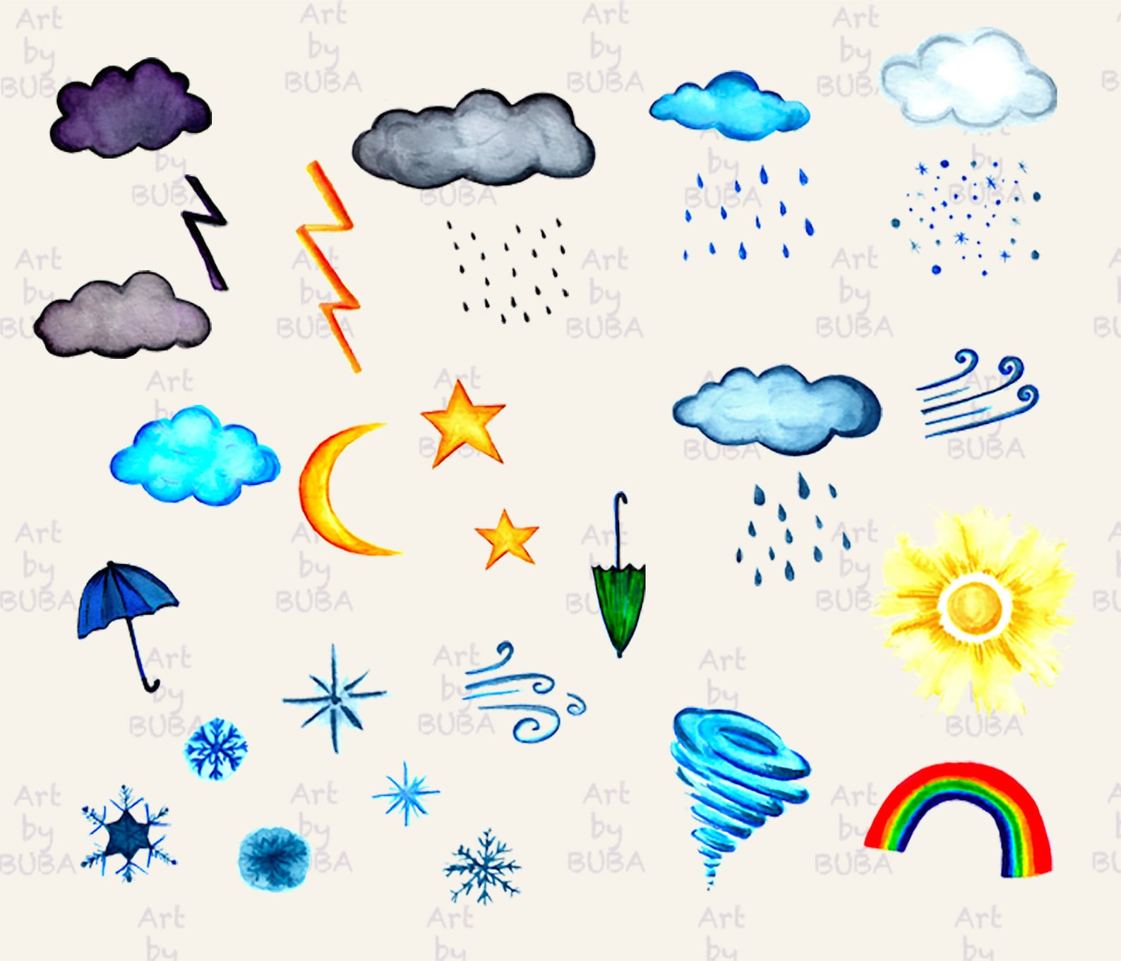 Weather Clipart, Watercolor Weather Clipart, Clouds, Rainbow, Tornado ...