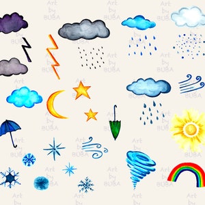 Weather Clipart, Watercolor Weather Clipart, Clouds, Rainbow, Tornado ...