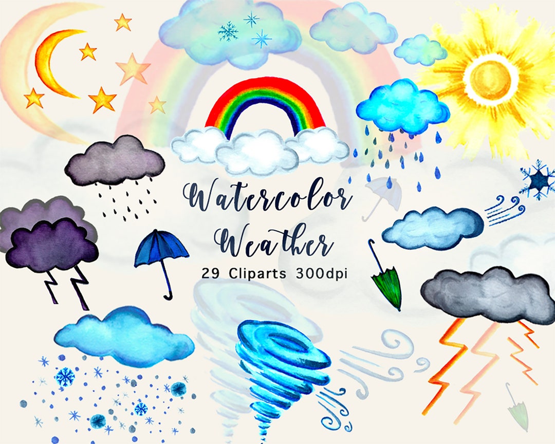 Weather Clipart, Watercolor Weather Clipart, Clouds, Rainbow, Tornado ...