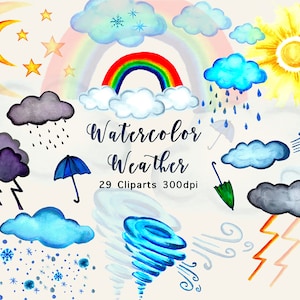 Weather Clipart, Watercolor Weather Clipart, Clouds, Rainbow, Tornado ...