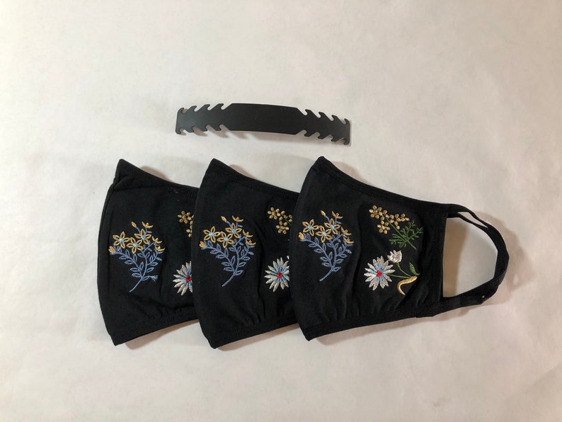 3 Pieces Large Fall Embroidered Black Face Mask Unisex Cotton Polyester ...