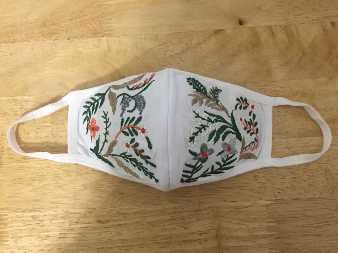 3 Pieces Medium Snowfall Embroidered White Face Mask Unisex Cotton ...