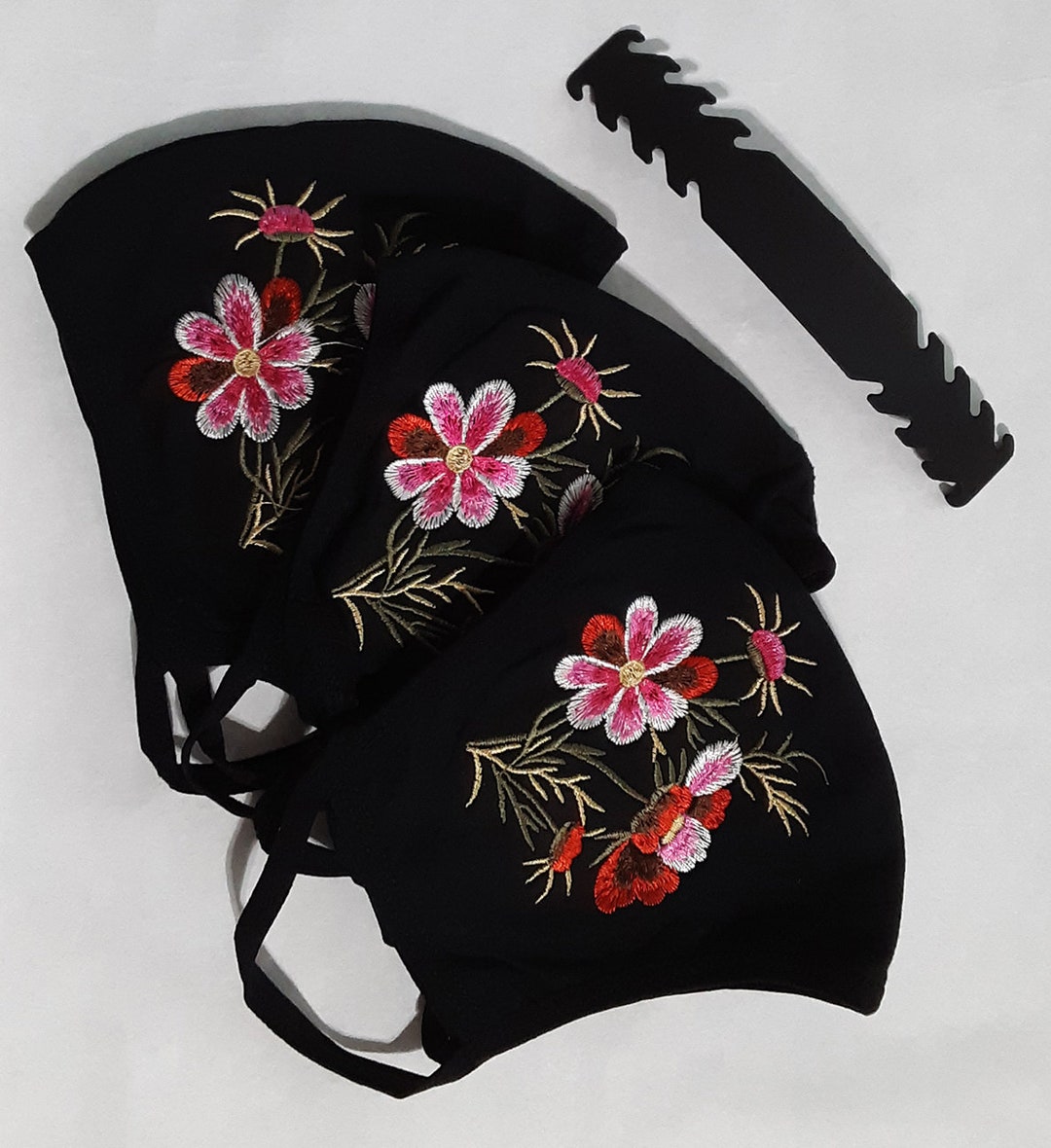 3 Pieces Medium Autumn Embroidered Black Face Mask Unisex Cotton ...