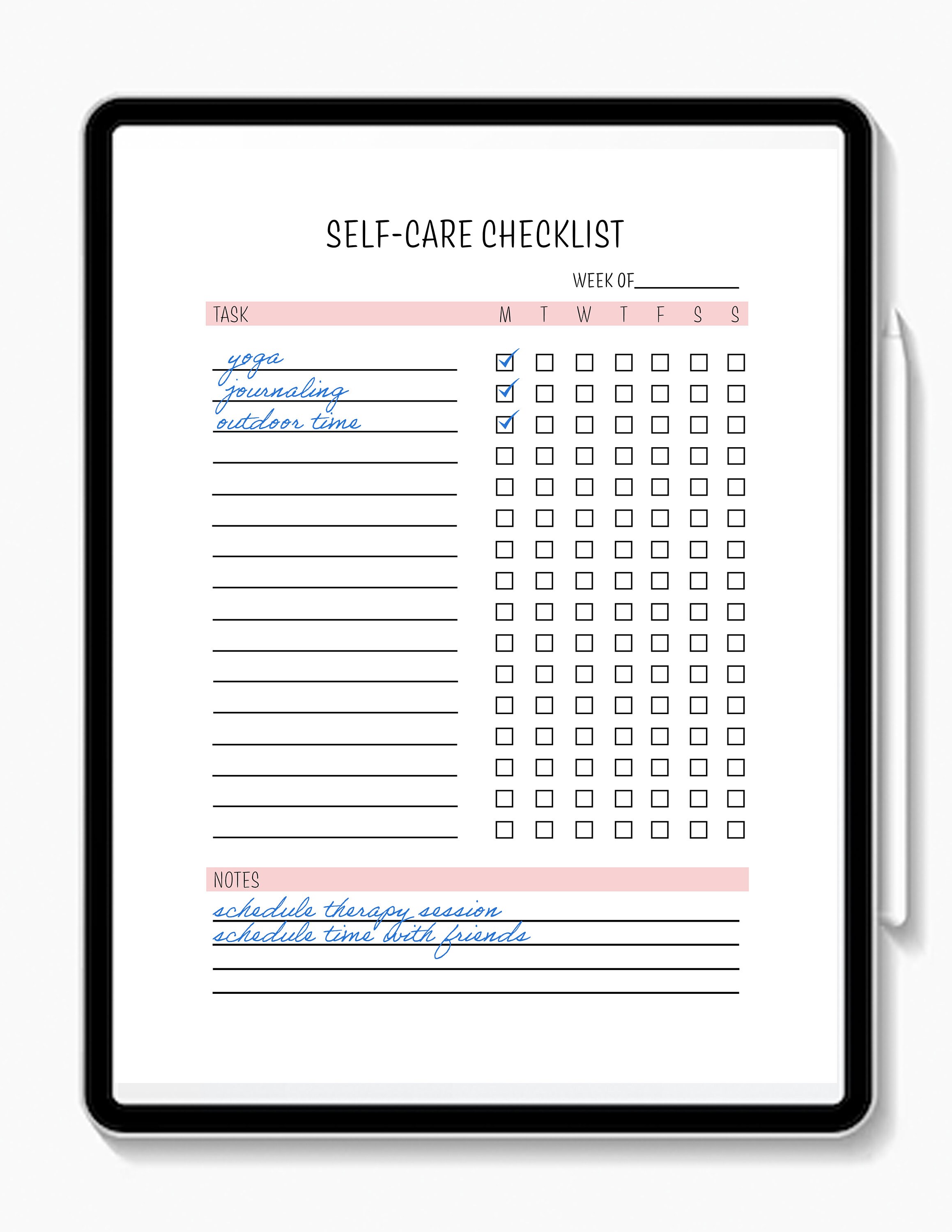 Self-care Checklist Journal Tracker Log Digital Download Printable ...