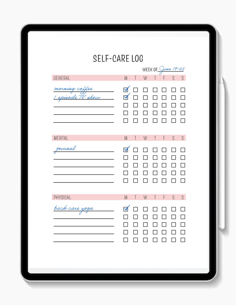 Self-care Log Printable Digital Download PDF - 1 Sheet - Etsy