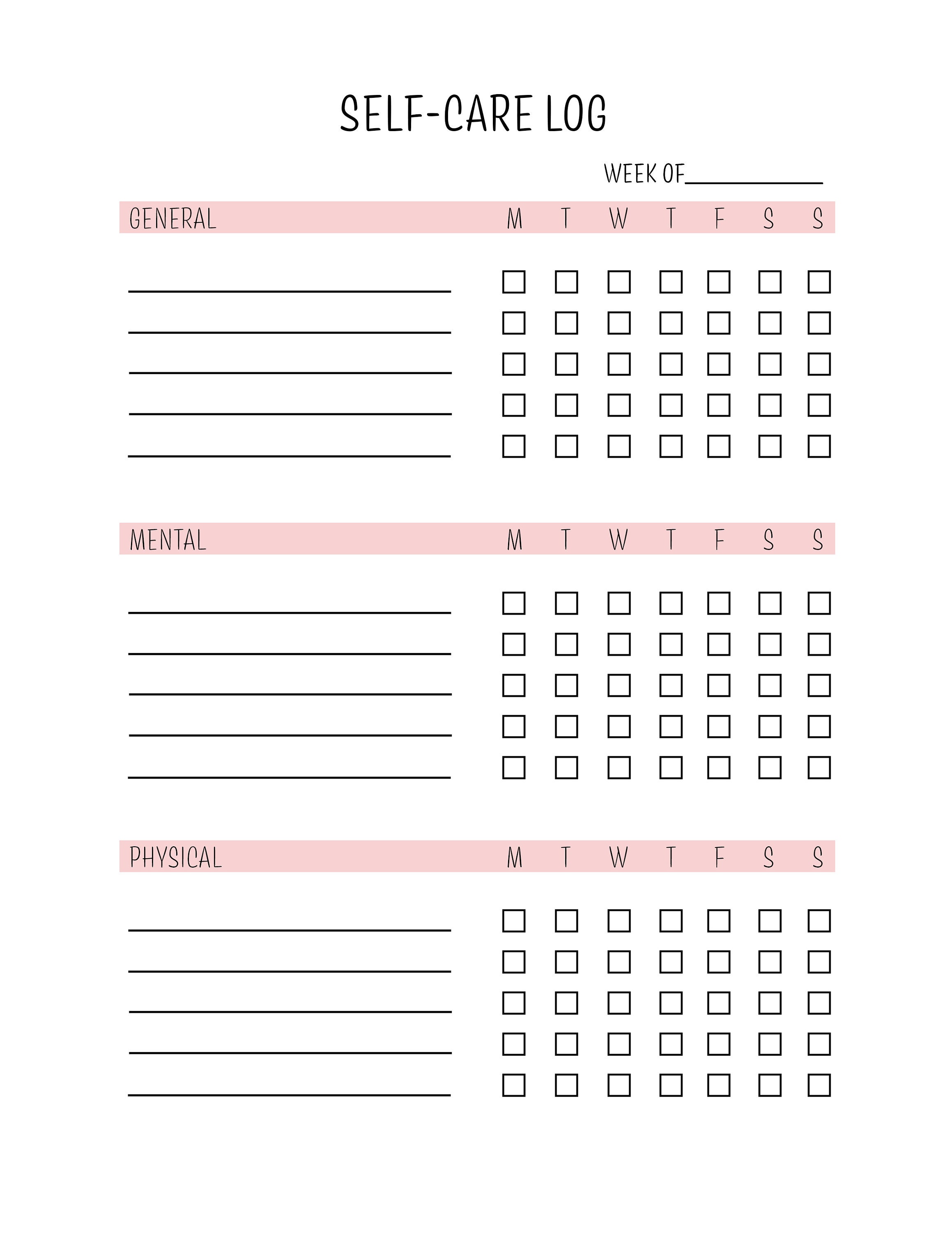 Self-care Log Printable Digital Download PDF - 1 Sheet - Etsy