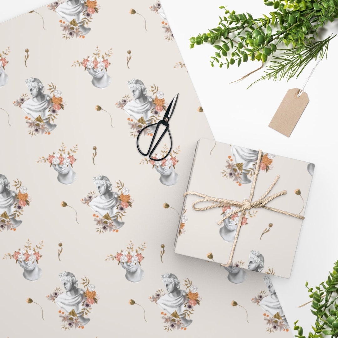 Floral Greek Statue Wrapping Paper, Greek Mythology Art Light Academia ...
