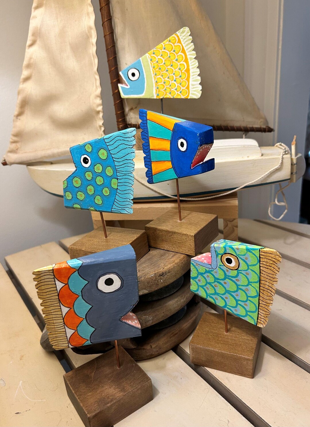 Hand Painted Wood Fish Sculpture: Coastal Nautical Decor - Etsy