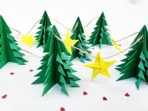 Christmas Tree Garland Origami Paper Tree Xmas Decoration Evergreen Handmade Gift Christmas Star Holiday Decoration Christmas Gift Etsy