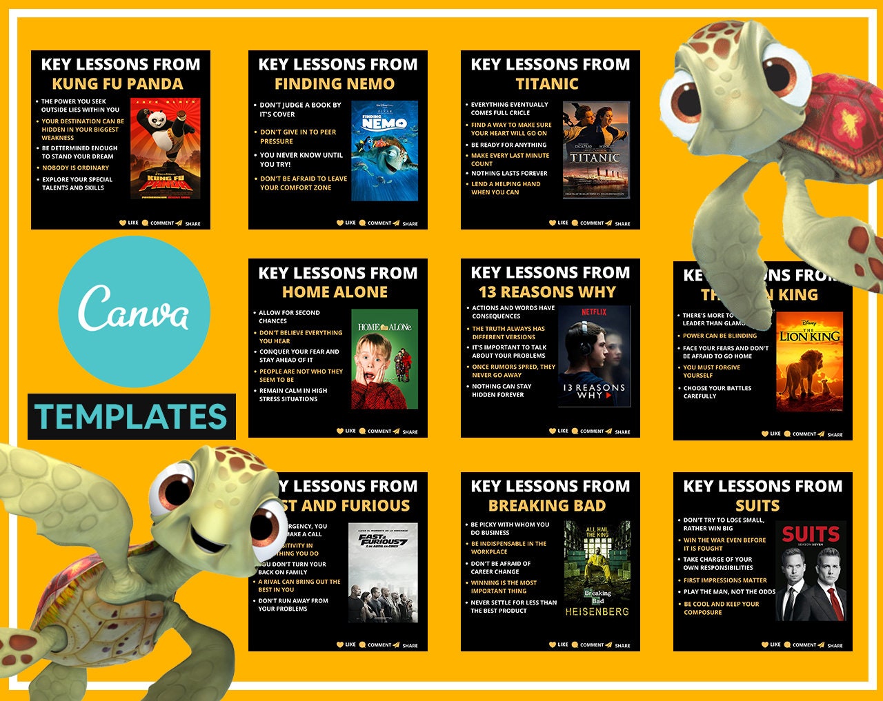 100 KEY LESSONS From Movies INFORGRAPHICS Canva Editable| Instagram ...