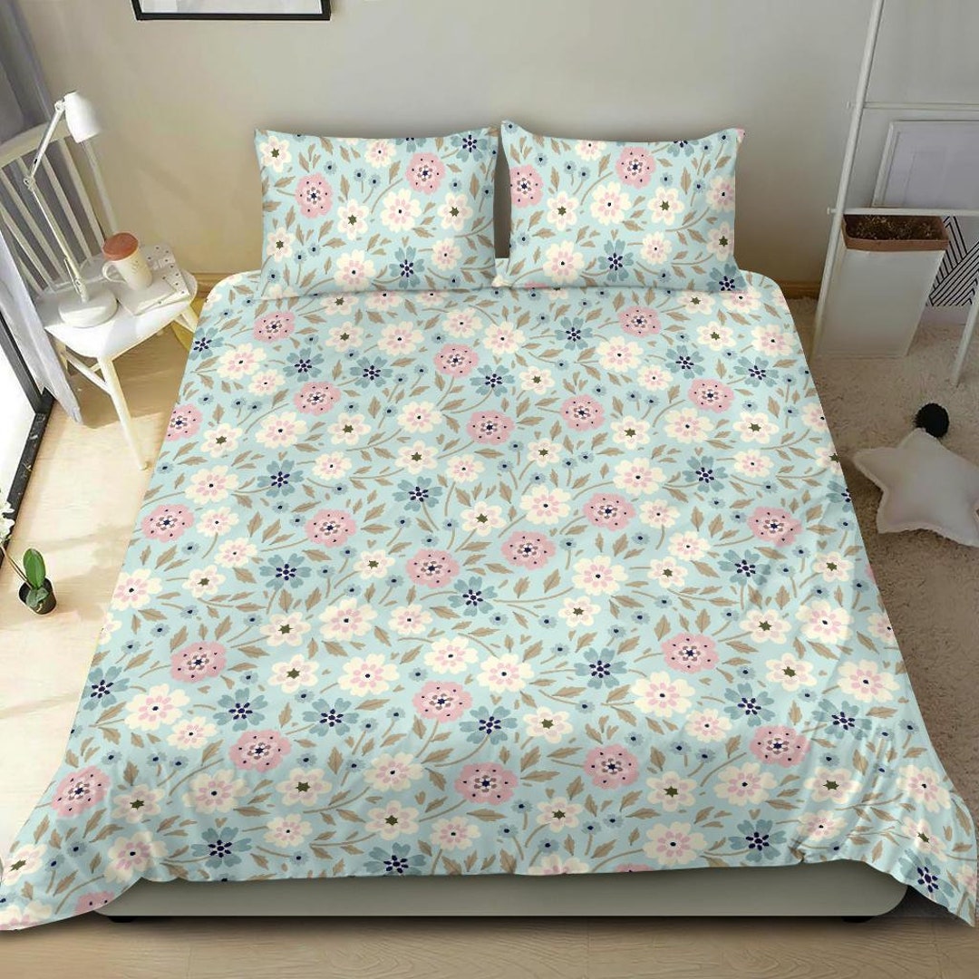 Cute Baby Blue and Pink Flower Field Bedding Set for a Lovely Morning ...