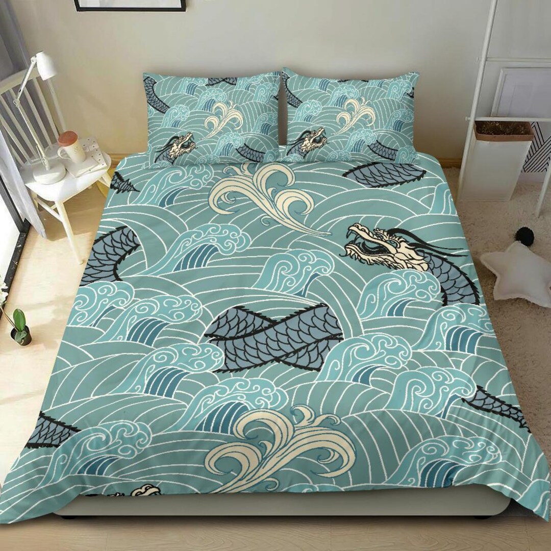 Blue Oriental Japanese Dragon Bedding Set, Duvet Cover Made With ...