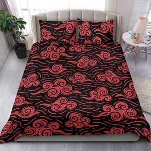 Black and Red Bedding Set, Black Oriental Bed, Cloudy Bedroom Decor ...