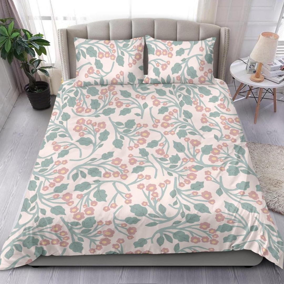 Retro Vintage Floral Bedding Set Cover, Green and Pink Flower Vines ...