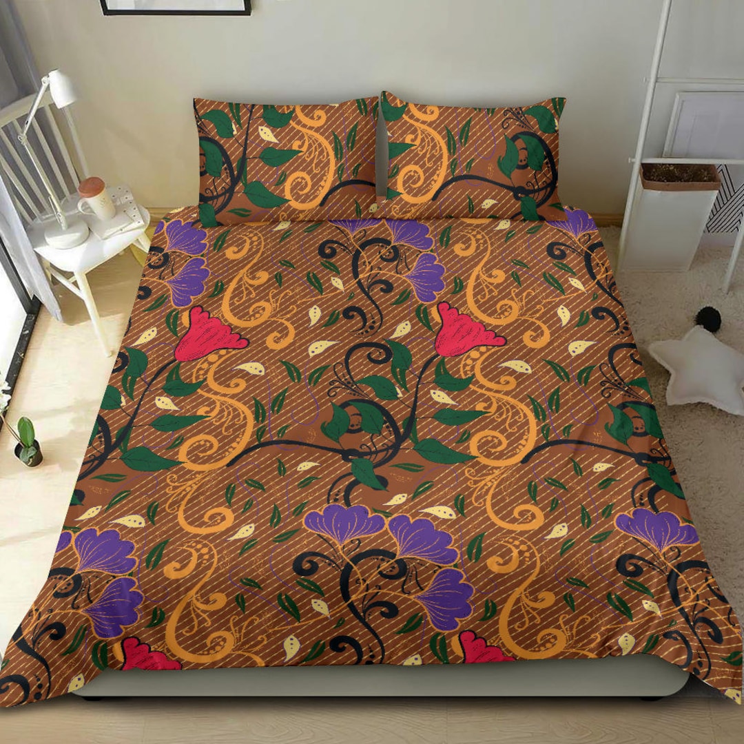 Traditional Batik Bedding Set Cover, Pretty Brown Bed Cover With Purple ...