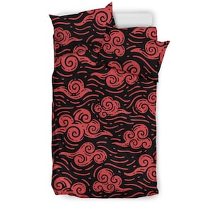 Black and Red Bedding Set, Black Oriental Bed, Cloudy Bedroom Decor ...